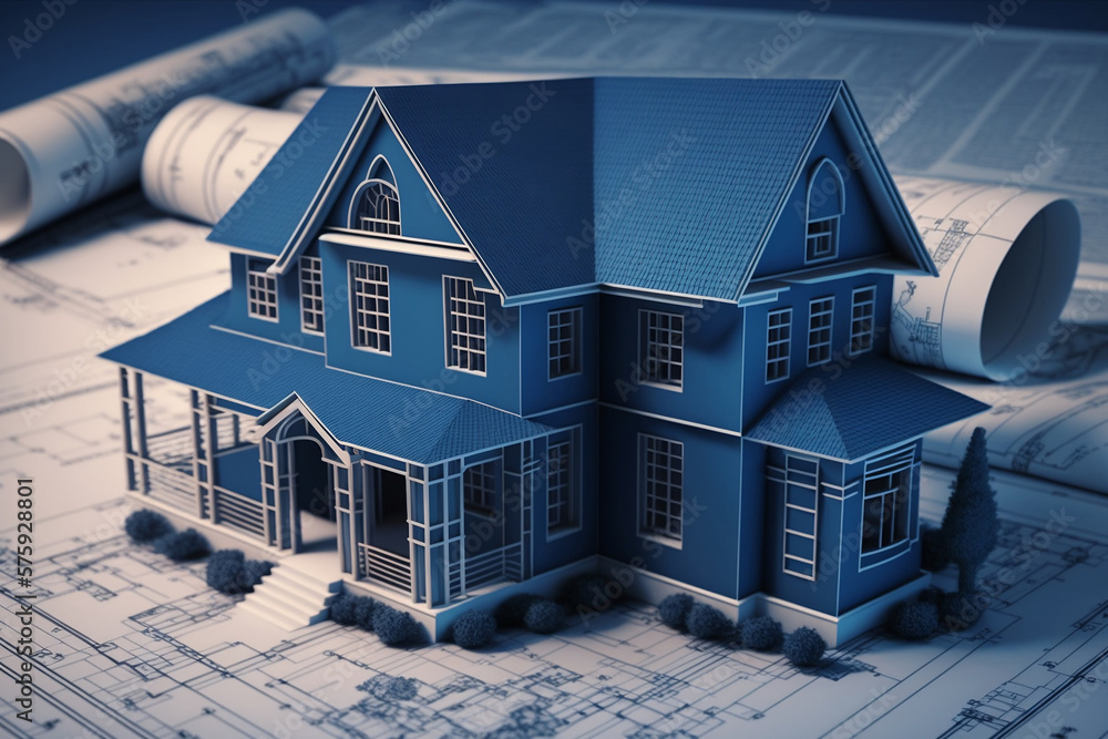 blueprint designs and a home model for a construction project ...