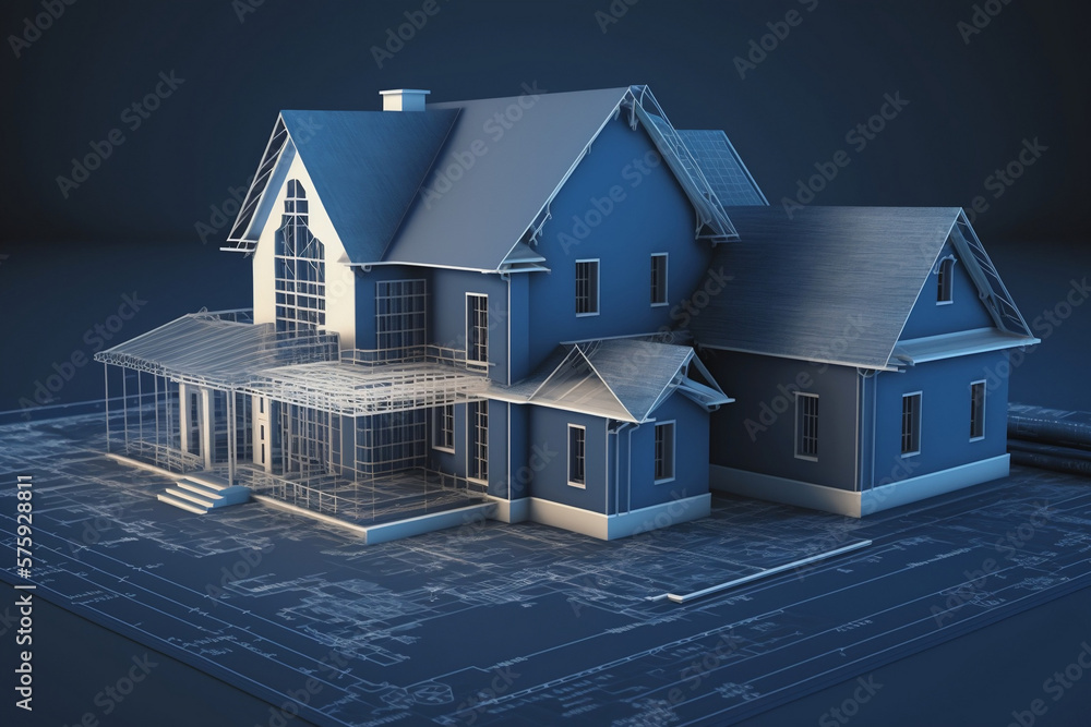 blueprint designs and a home model for a construction project ...