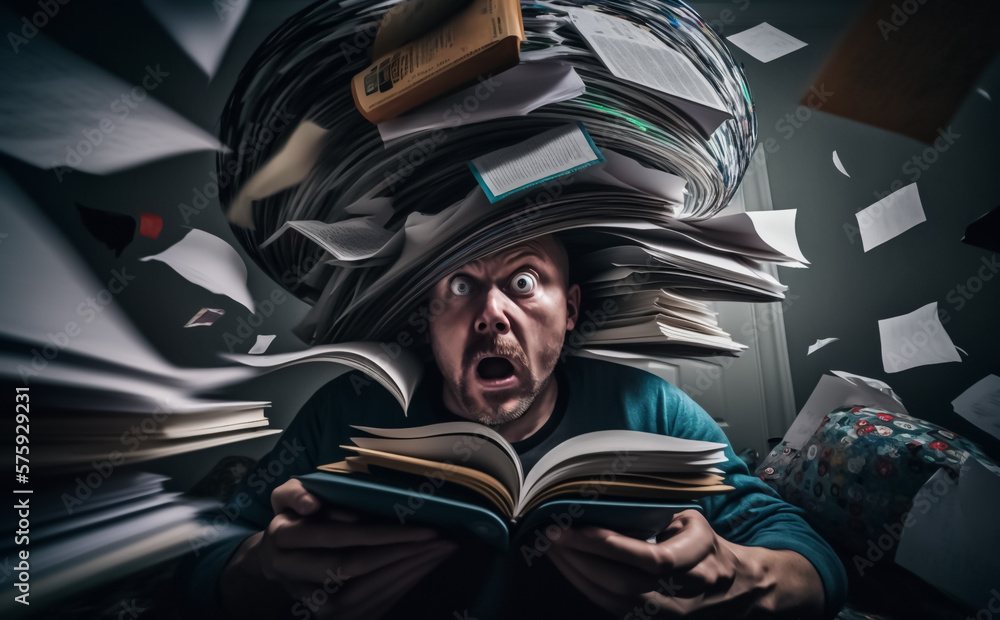 Man reading a book looking shocked, surprised over overloaded with ...