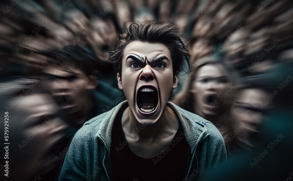 Man Screaming out loud, standing in a crowd of blurred out people ...