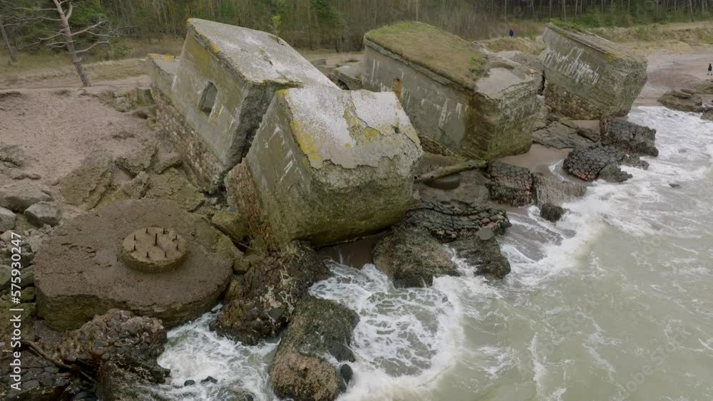 Beautiful aerial view of abandoned seaside fortification buildings at ...