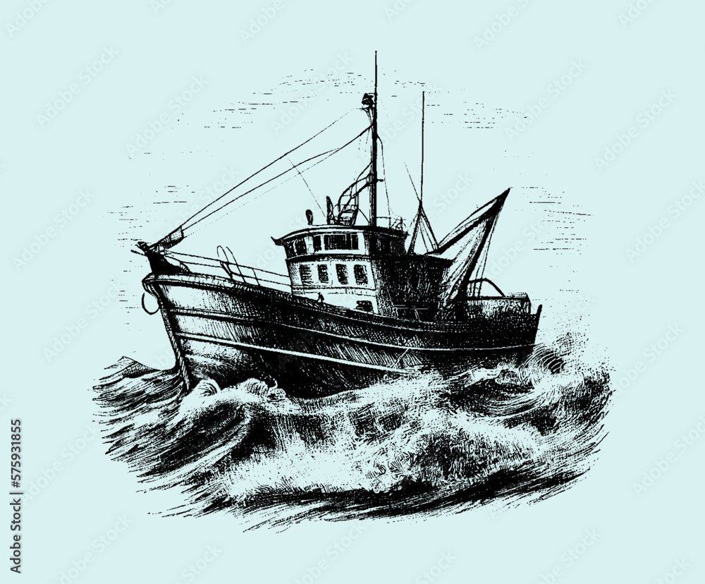 Fishing boat. Seascape. Drawn with a pencil on a blue isolated ...