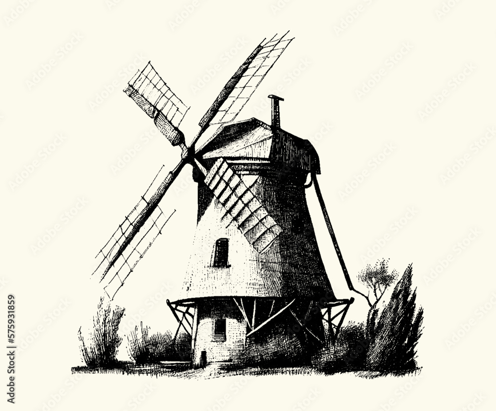 Windmill. Engraved drawing. Hand drawn for your design, drawn in black ...