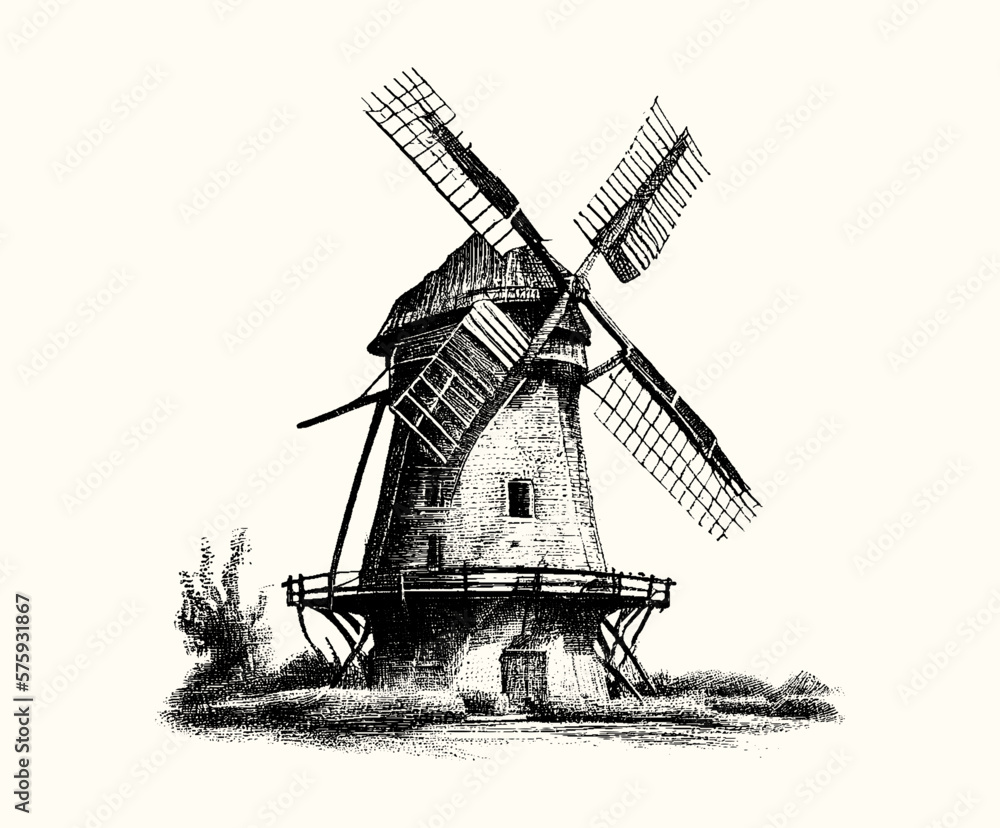 Windmill. Vintage old windmill. Engraved drawing. Hand drawn for your ...