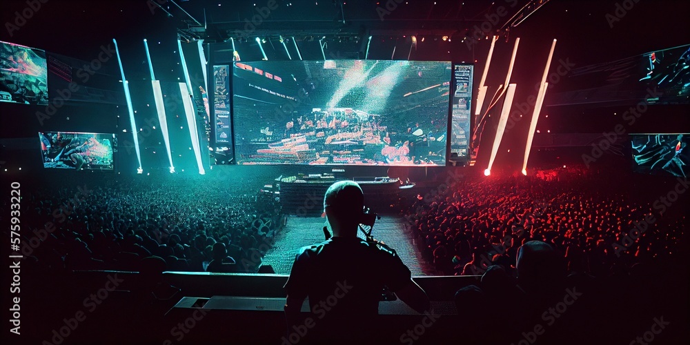 E-sports arena, filled with cheering fans and colorful LED lights ...