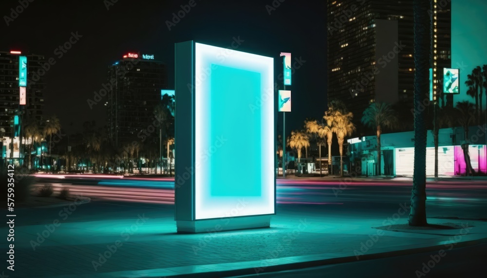 Vertical Neon Glowing LED Billboard in Las Vegas - Blank Mockup with ...