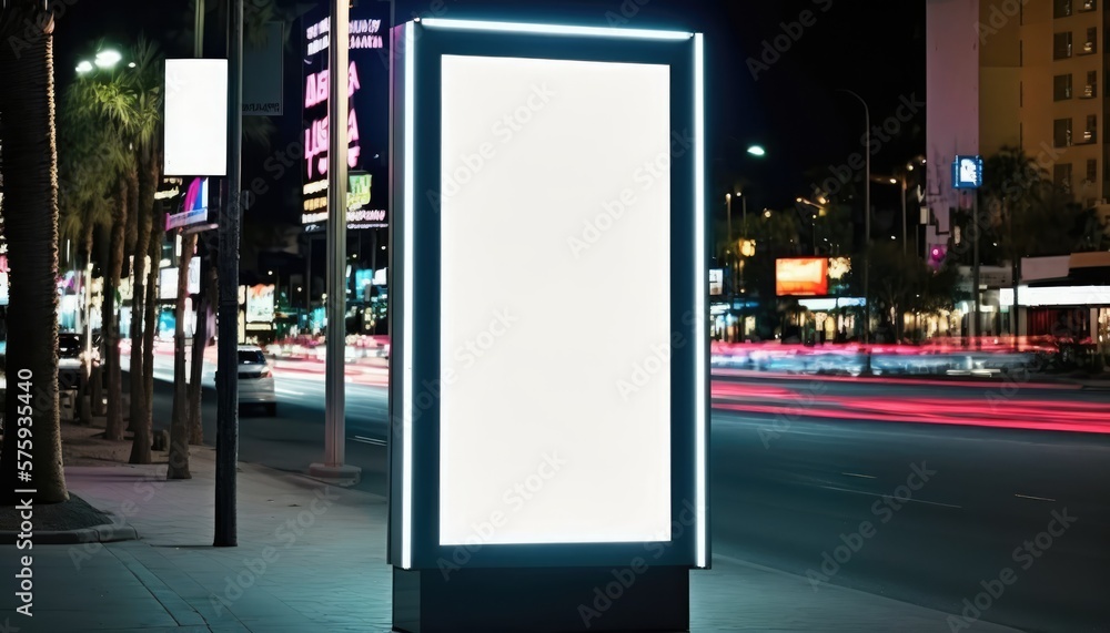 Vertical Neon Glowing LED Billboard in Las Vegas - Blank Mockup with ...