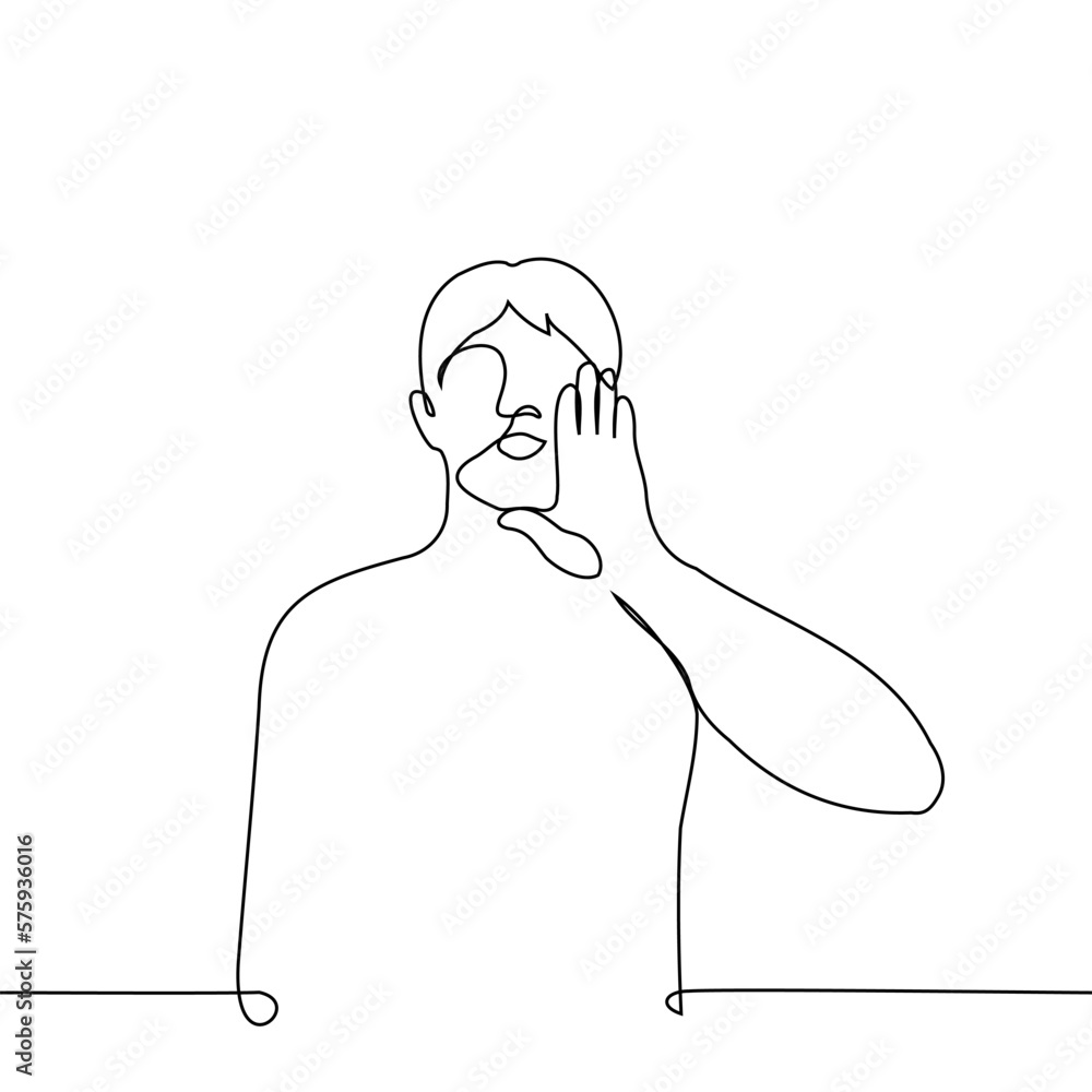 man put his hand to his mouth for a loud cry - one line drawing vector ...