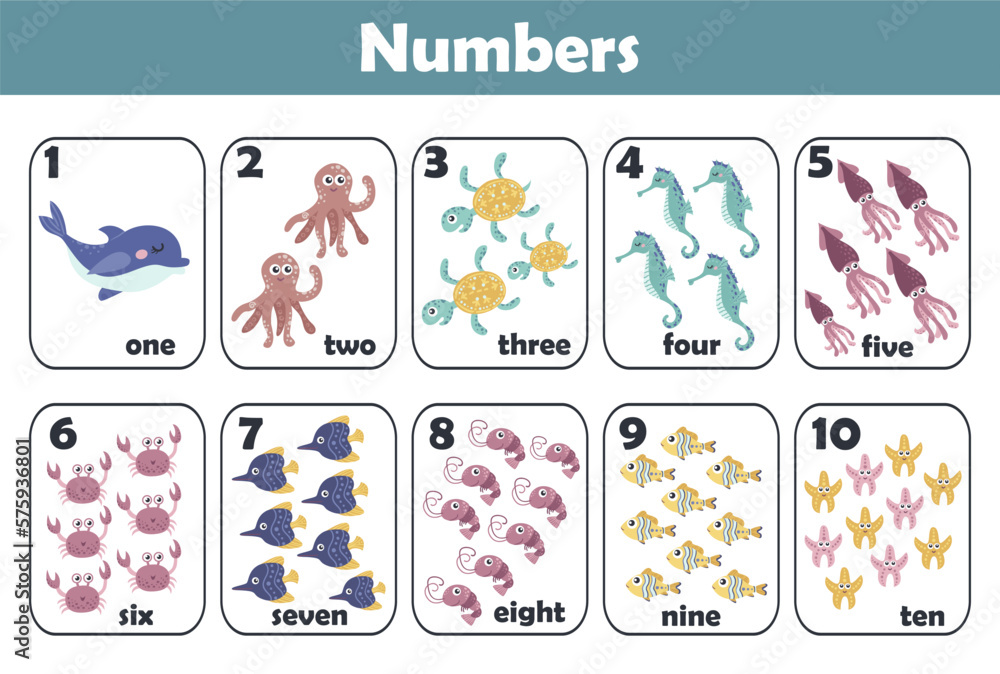 Number math cards with sea animals for kids Stock Vector | Adobe Stock
