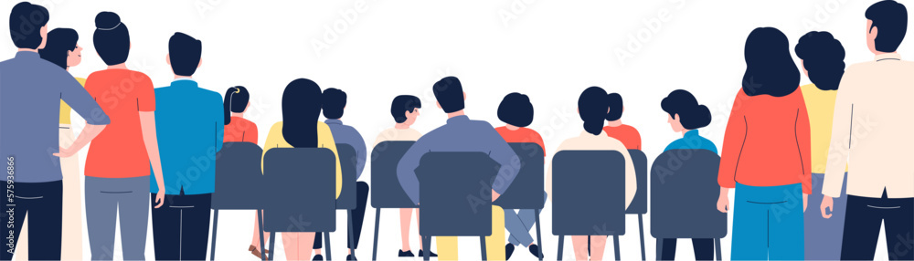 People group sitting and standing. Women men auditorium, in cinema, on ...