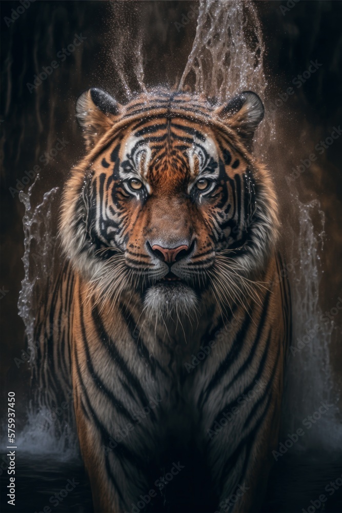Tiger in front of waterfall with water falling like rain. High quality ...