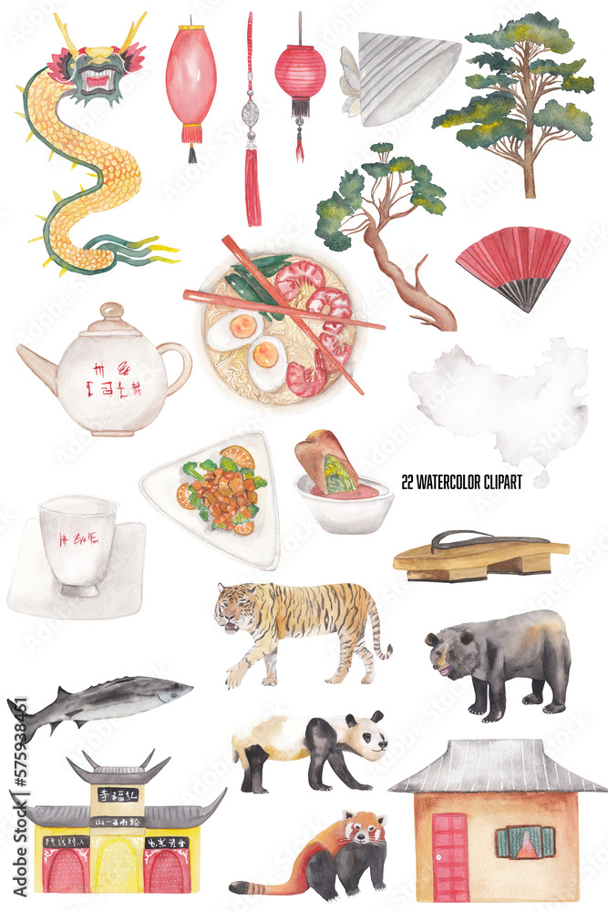 Set of Watercolor illustration for Chinese new year celebration Graphic ...