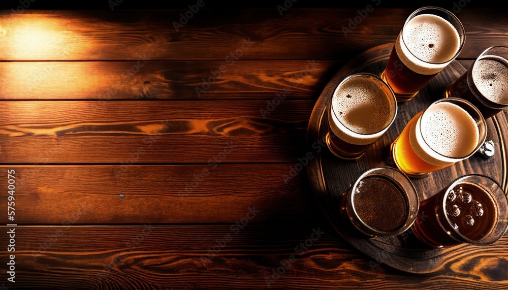 Foamy pints of beer in a wooden bar with copy space, top view ...