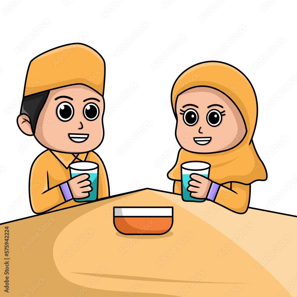Cartoon illustration of an Islamic child doing a learning activity ...