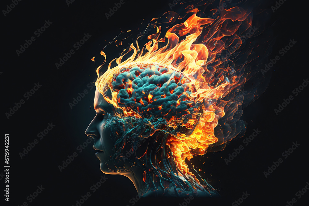Brain fire due to stress. Brain in flames of fire. Burnout at work ...