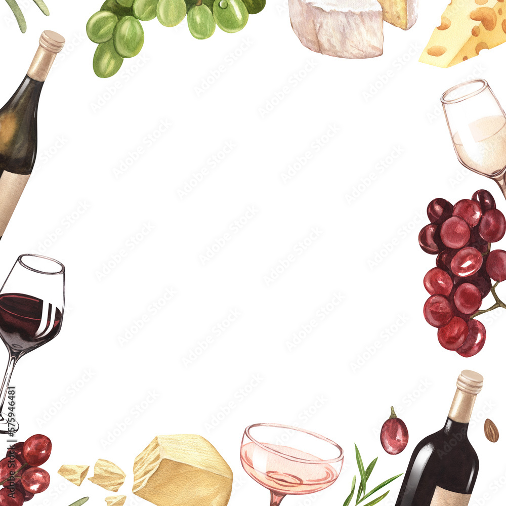 Watercolor frame wine and cheese, grapes. Hand-drawn illustration ...