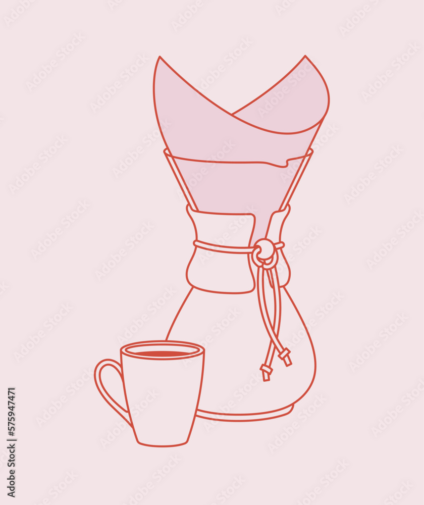 Hand-drawn pour over with a cup of coffee. Line art. Vector ...