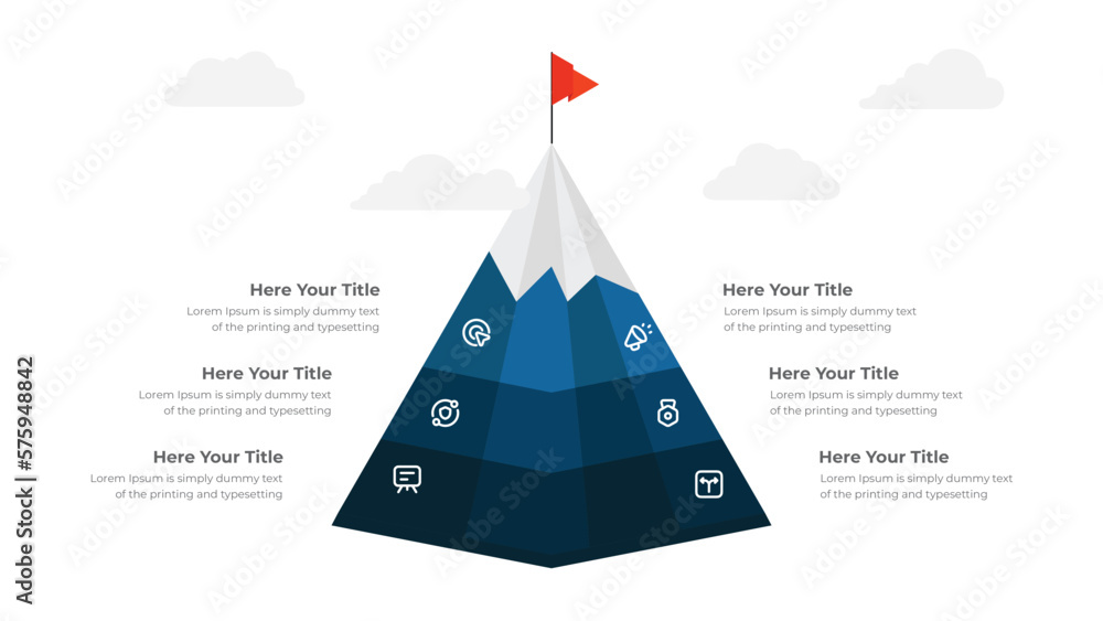 Vetor de Six step mountain infographic. Path to top of mountain ...