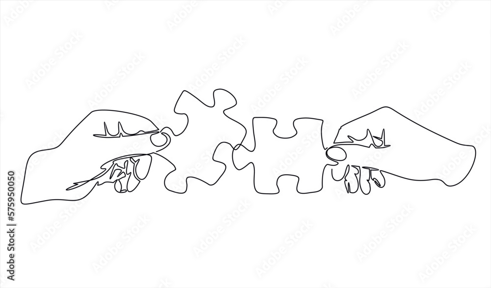 Continuous one line drawing of hands and puzzle. Business matching ...