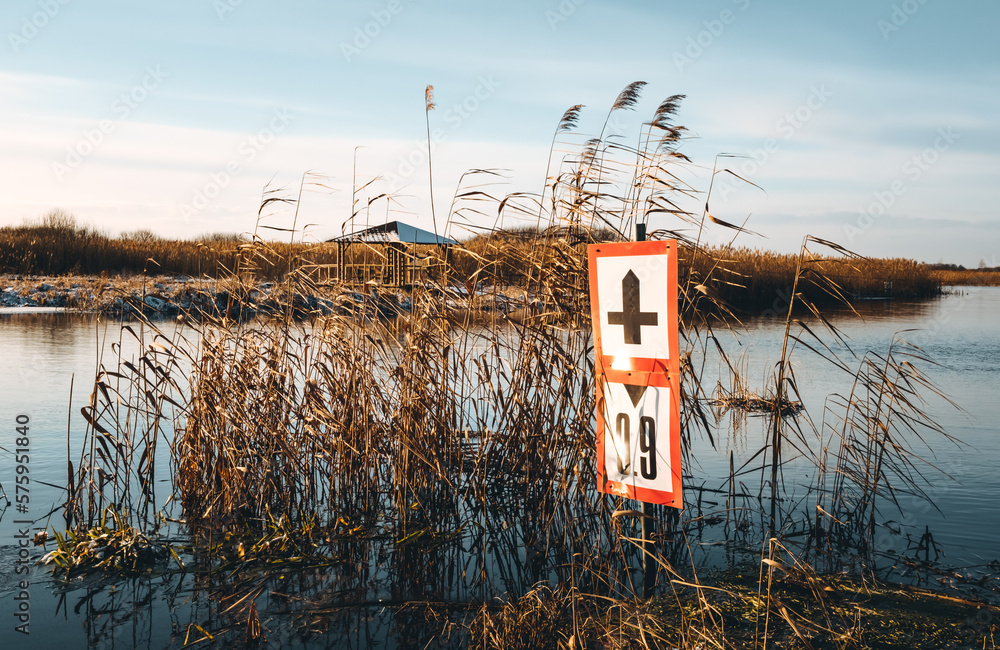 Crossing the ship passage. The ferry designation. Information signs ...