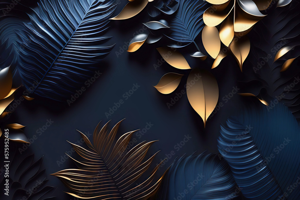 Beautiful luxury dark blue textured 3D background frame with golden and blue tropical leaves. AI ...