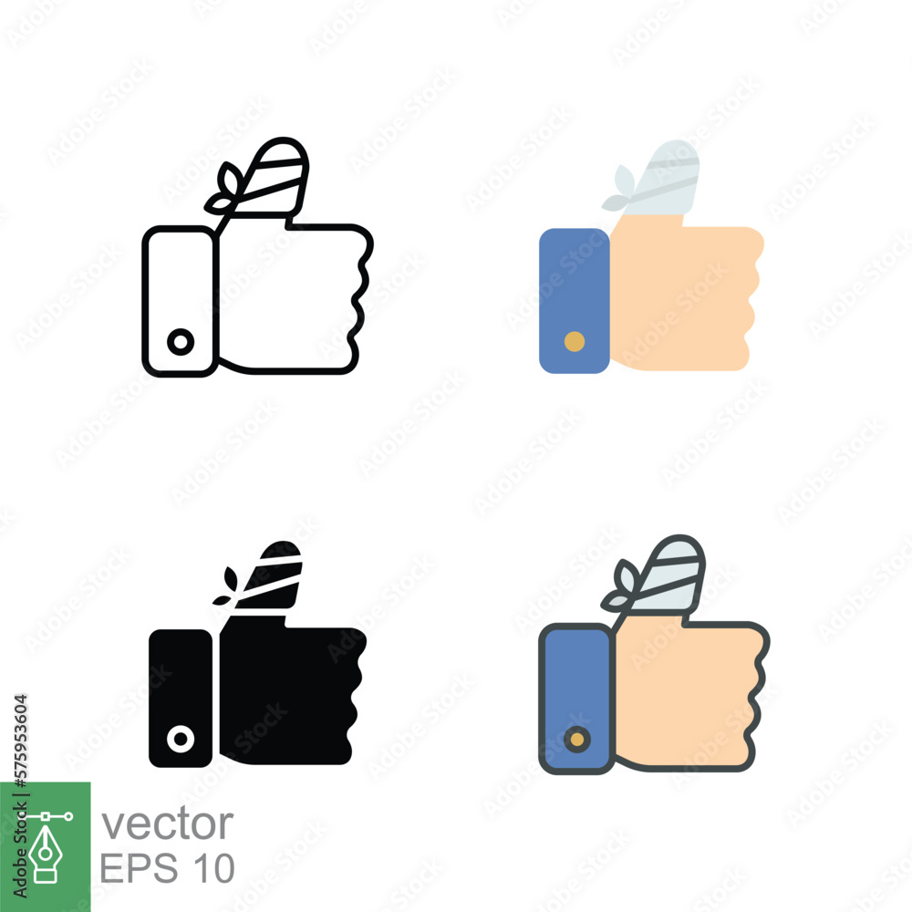 Hurt hand, bandage finger icon in different style. Outline, flat, solid ...
