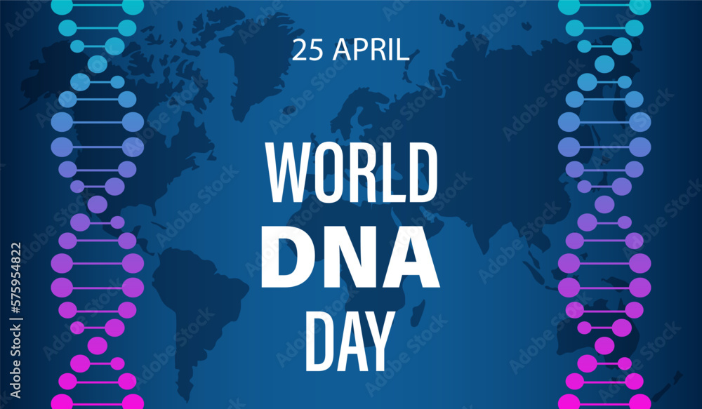 World DNA Day. Human DNA symbol on a blue world map background. Poster ...