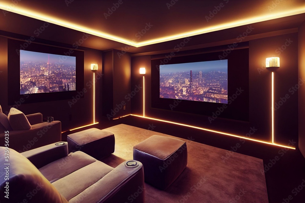 3d render of a chic home cinema room with hidden lights and velvet ...