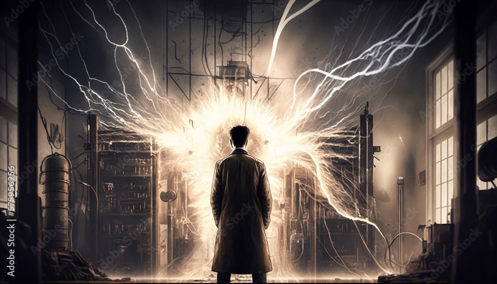 Rear view of an inventor, electrical researcher, in a laboratory with a ...