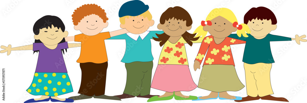 Cartoon colorful illustrated smiling kids hold on each other on their ...