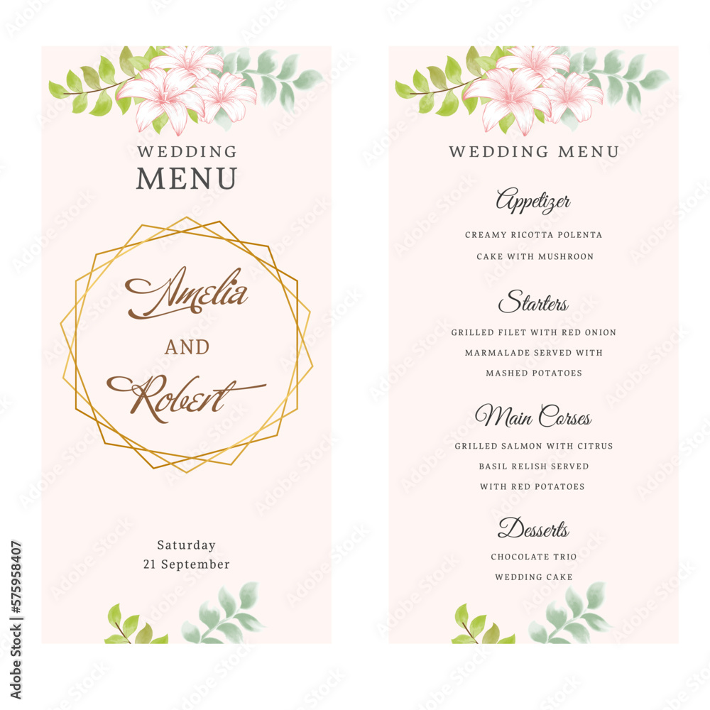 Set 2 templates of pink floral watercolor and vector Wedding Menu in ...