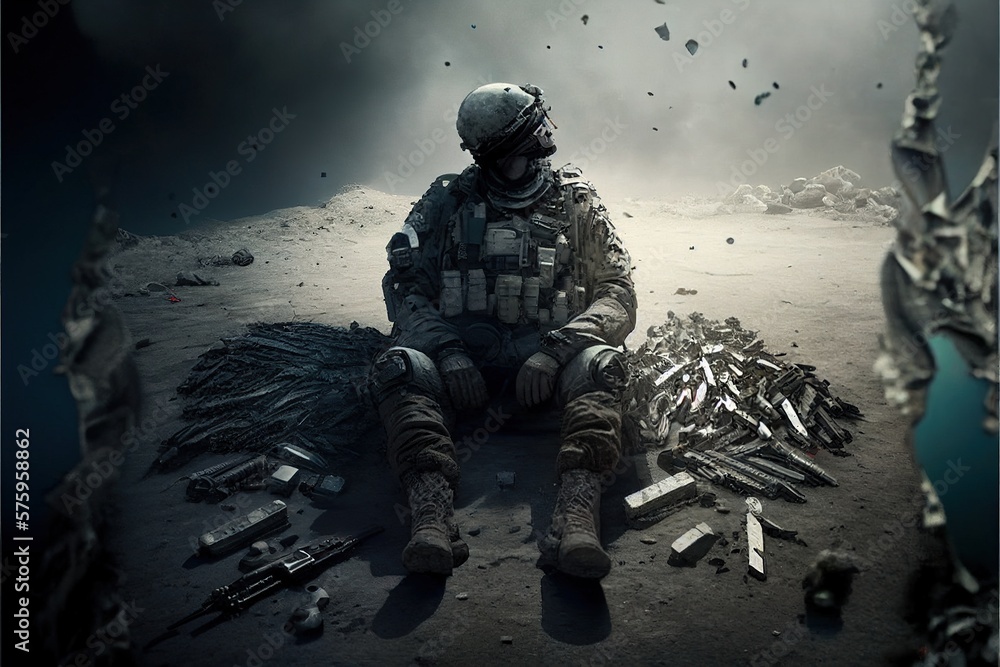 the end of a war with soldiers laying down, concept of Peace and Unity ...