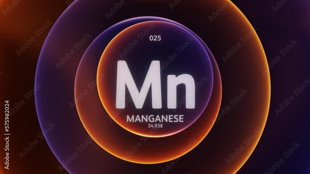 Manganese as Element 25 of the Periodic Table. Concept animation on ...