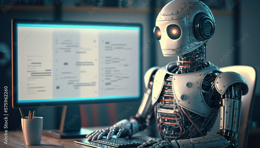 AI chatbot robot assistant sitting at desk using computer as artificial ...