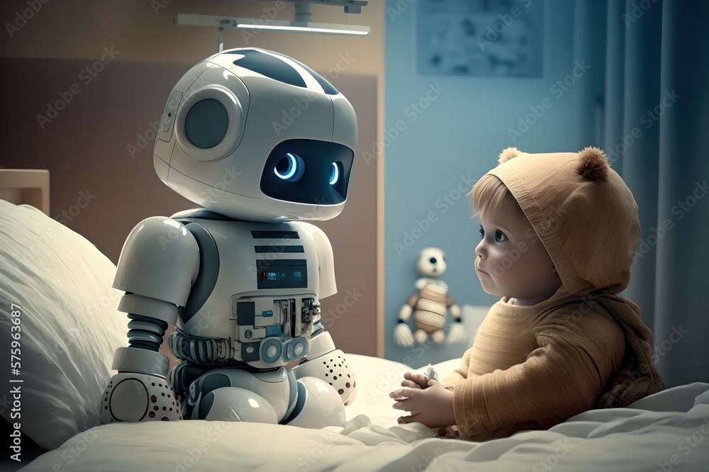 Future of hospital care with robots.Cute kind Robot communicates with a ...