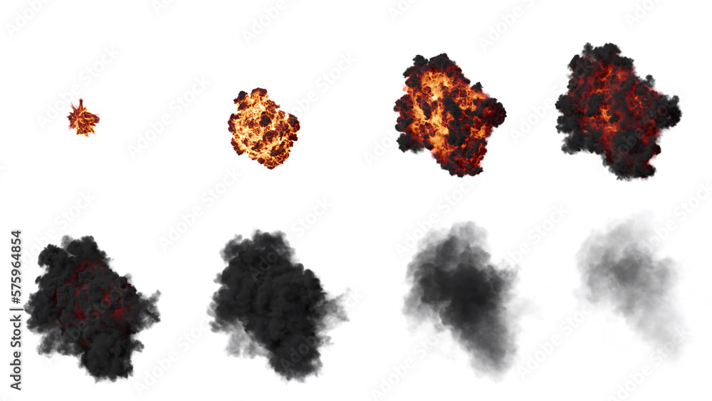Set of Aerial Fire and Smoke Explosion Isolated on Black Background ...