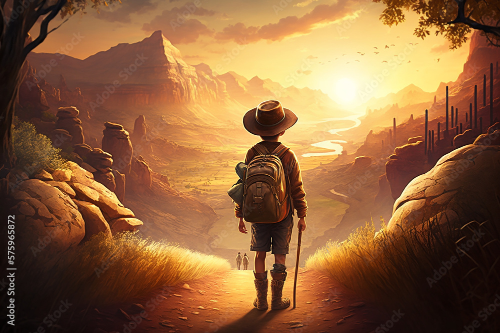 Adventurous boy exploring an outdoor trail created with Generative AI ...