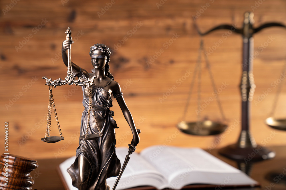 Law concept. Judge chamber. Judge’s gavel, Themis sculpture, scale and ...