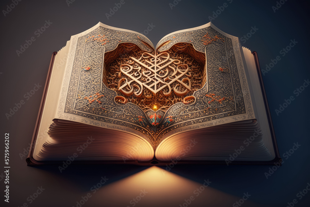 Quran, Koran, Holi book. Abstract Open book in islamic style on a dark ...