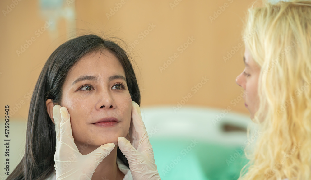 Banner of doctors examining patient face skin check before filler botox ...