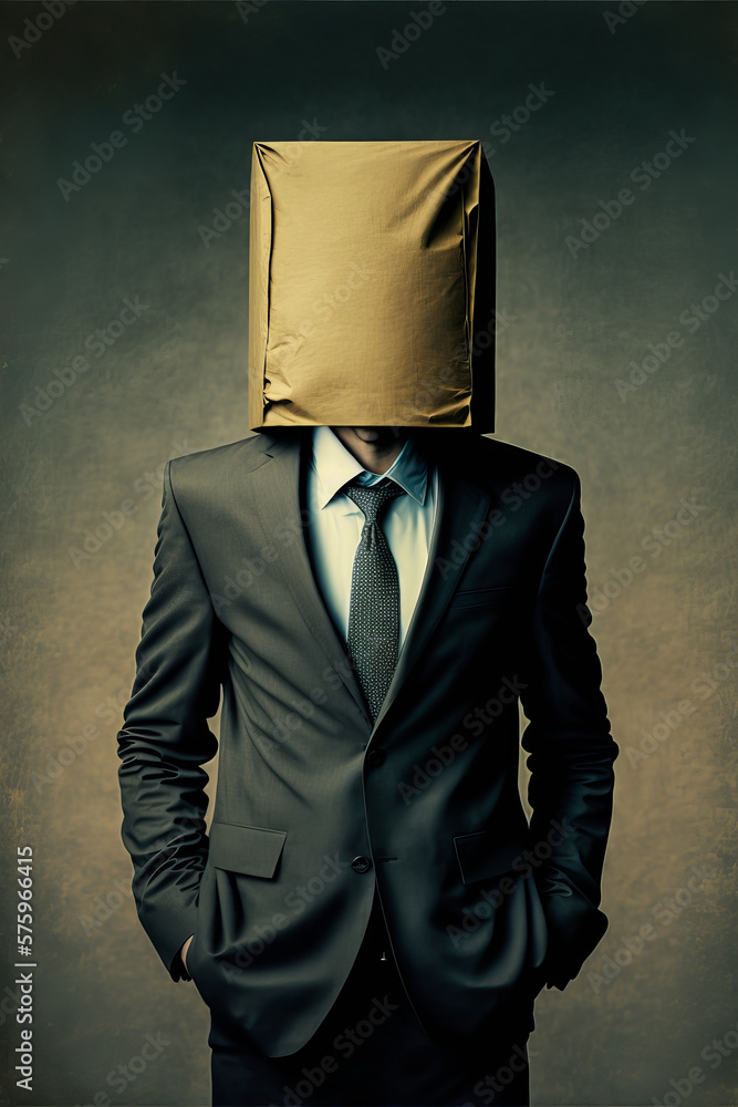 A man in a suit and tie, disguised with a paper bag on his head: this ...