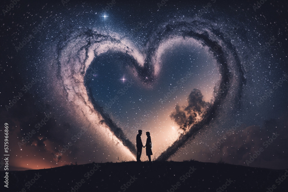 Two lovers in a romantic couple pose with starry night galaxy sky. Man ...