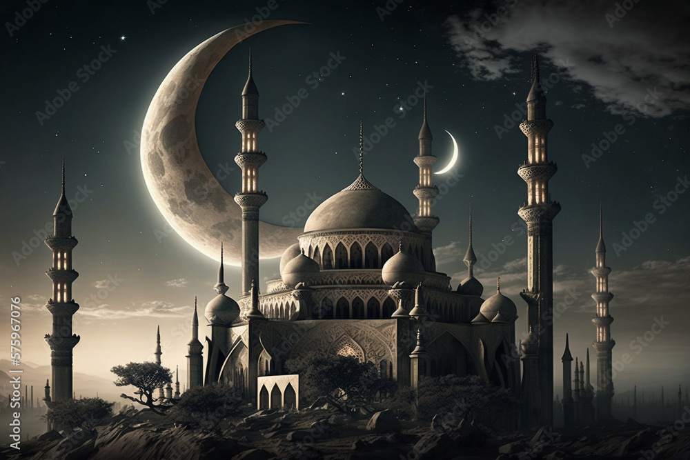 Muslim faith mosque with minarets with half moon at night. Religious ...