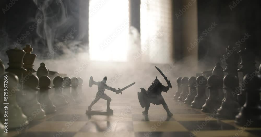 Medieval battle scene with cavalry and infantry on chessboard. Chess ...