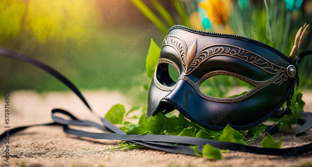 Black wolf mask against a blurred garden background: perfect for a ...