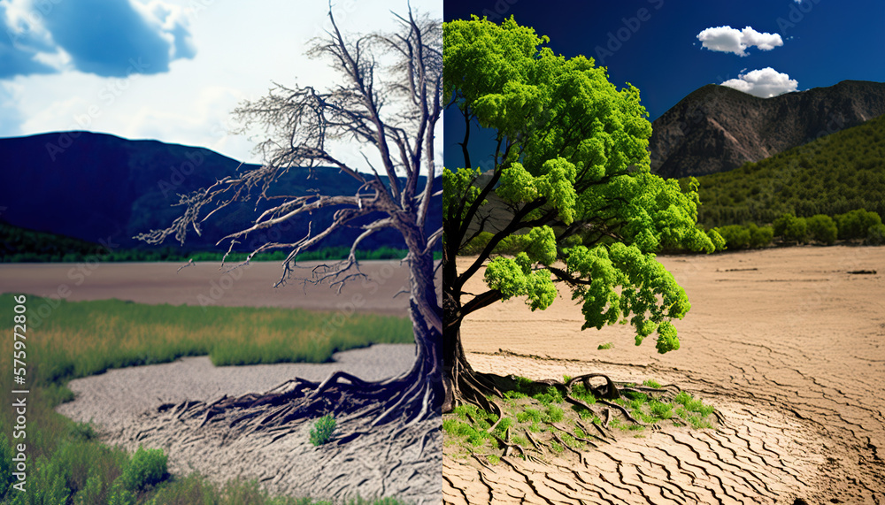 A lonely tree half green and half dry. bright blue sky. A powerful ...