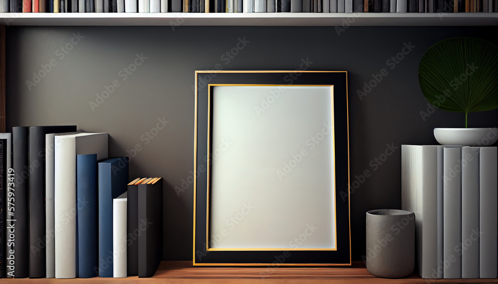Empty frame on a shelf among books. Template for Design. AI generated ...