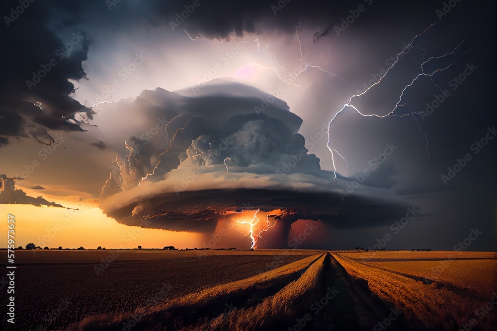 Supercell Storm With Tornado And Lightning Over A Crop Field ...