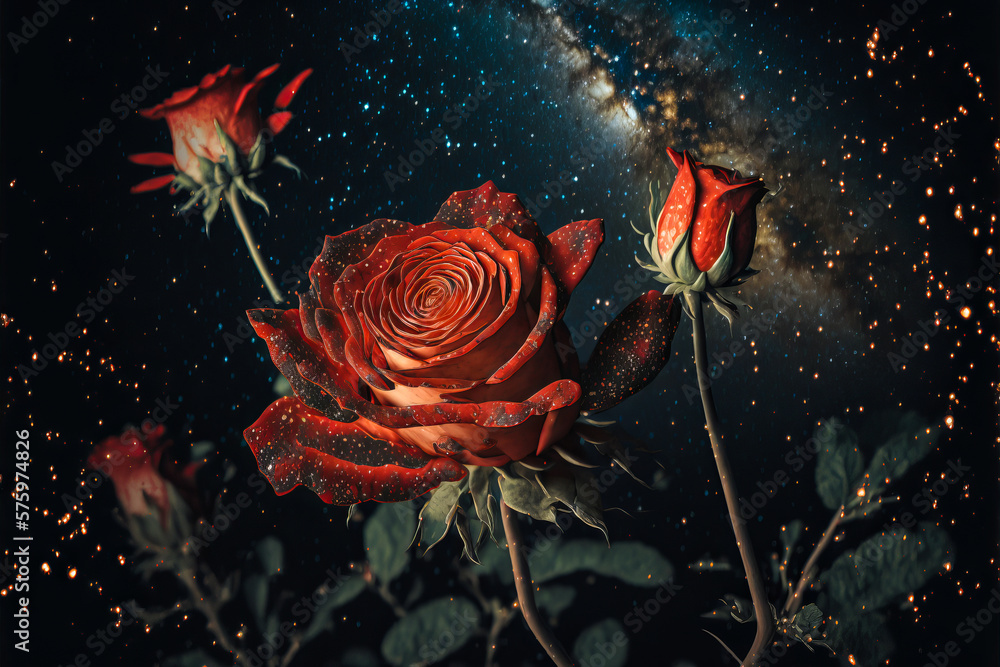 Romantic red rose on a starry night background, full of sparkle and ...