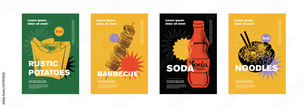 Rustic potatoes, soda, skewer, noddles. Price tag or poster design. Set ...